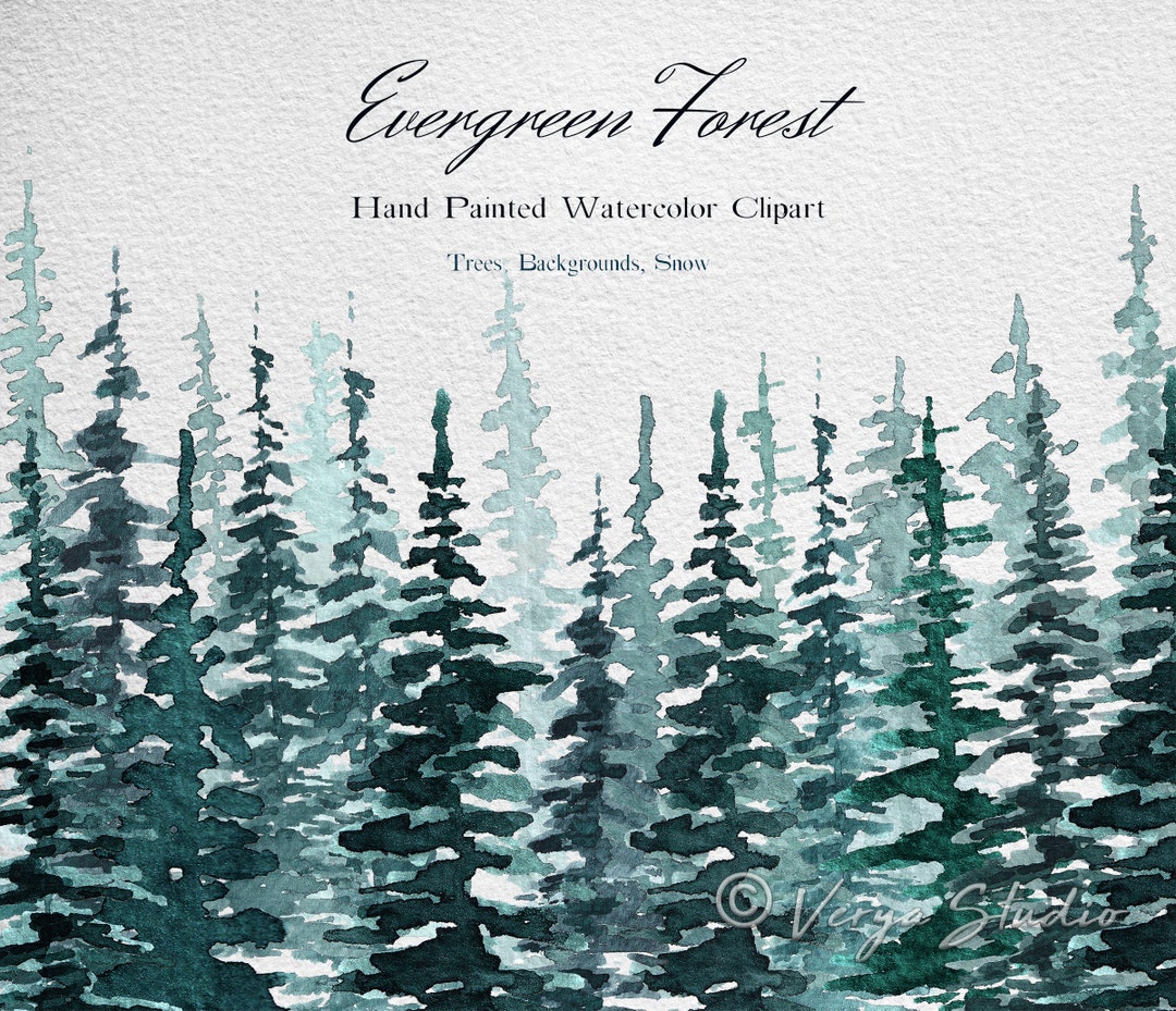 Watercolor Christmas Clipart, Pine Trees Clipart, Christmas Cards ...