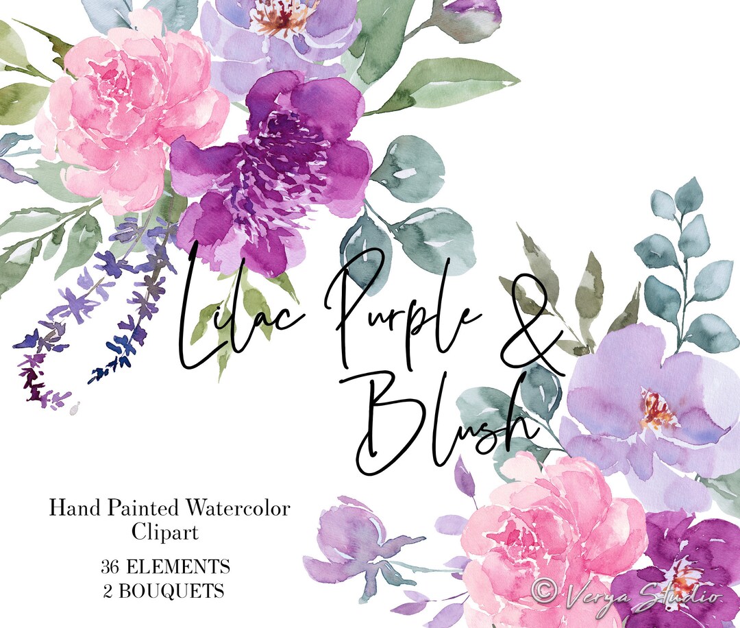 Lilac Pink Purple Watercolor Floral Clipart Peonies Clipart Flowers ...