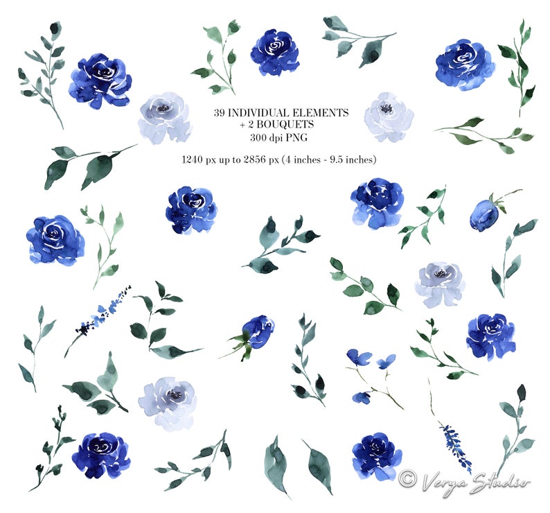 Indigo White Watercolor Flowers Clipart Navy Blue Ivory Roses - Etsy