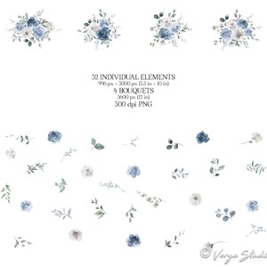Dusty Blue Ivory Watercolor Floral Clipart Flowers Clip Art Light Blue ...