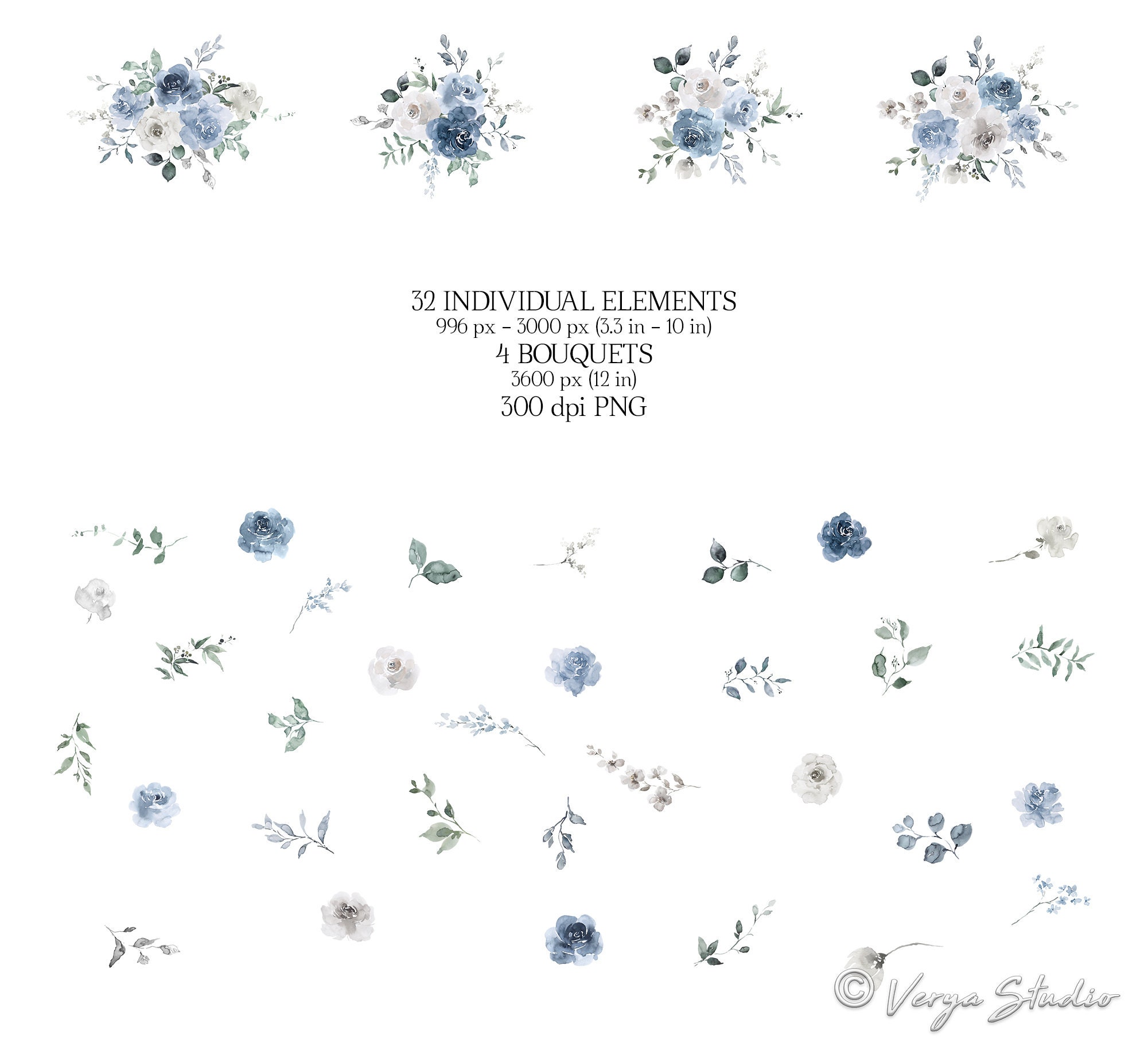Dusty Blue Ivory Watercolor Floral Clipart Flowers Clip Art Light Blue ...