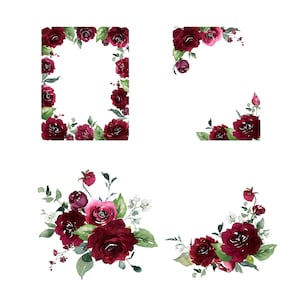 Burgundy Wine Red Watercolor Flowers Clipart Frames Border Floral Drop ...