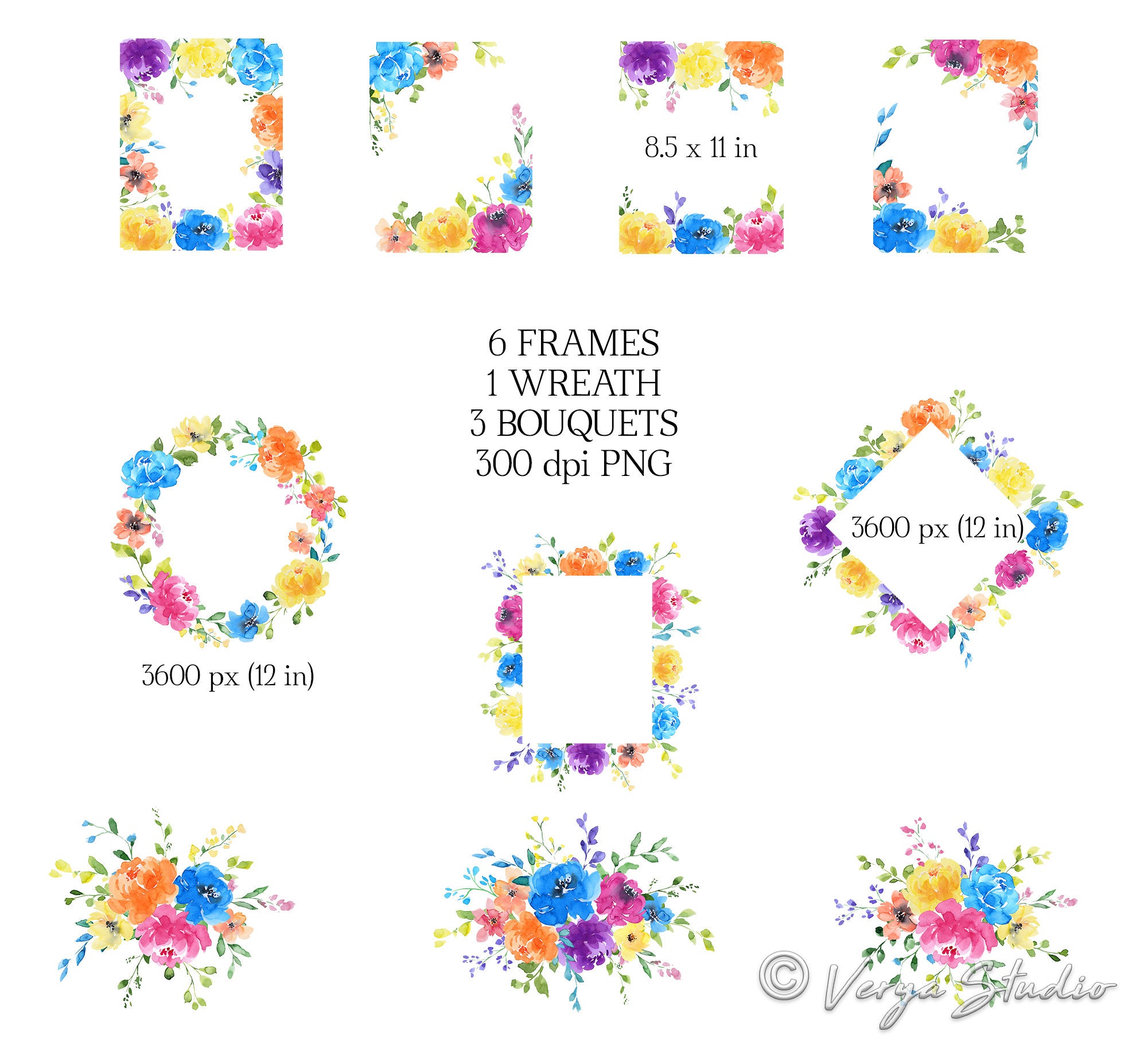 Colorful Floral Clipart Watercolor Flowers Clip Art Flower - Etsy