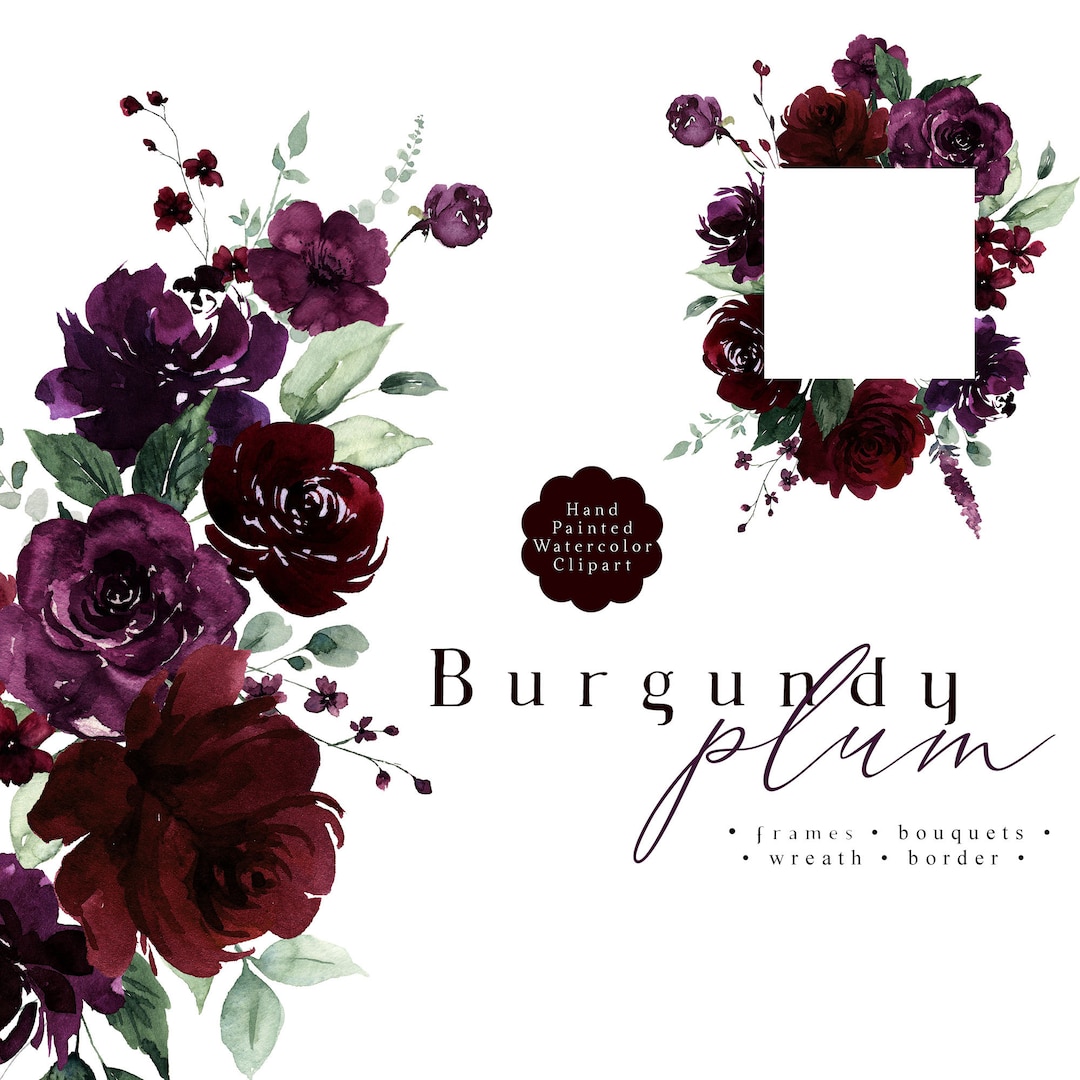 Plum Burgundy Floral Clipart Watercolor Flowers Clip Art Borders Wreath ...