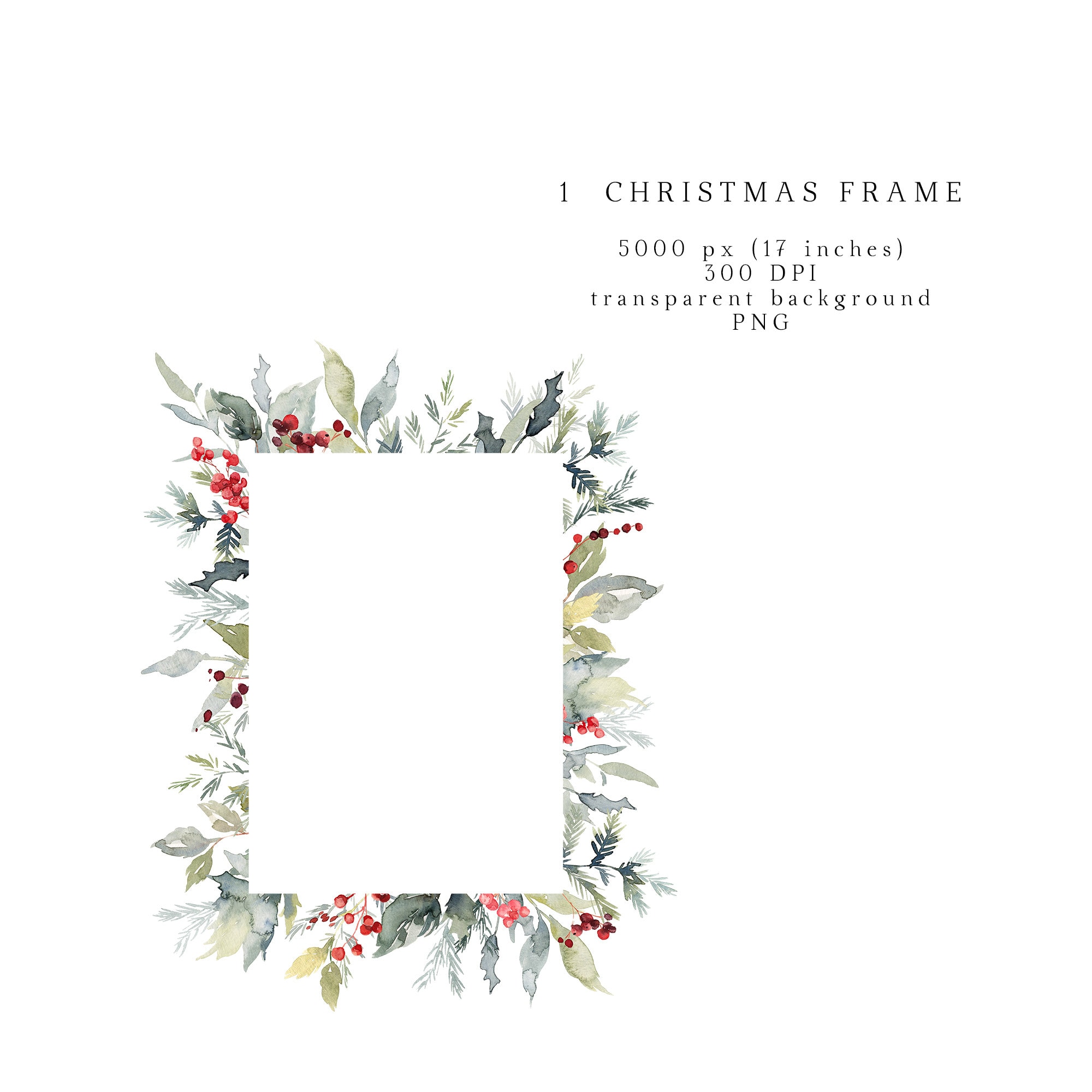 Greenery Christmas Frame Clipart, Watercolor Christmas Clipart, Winter ...