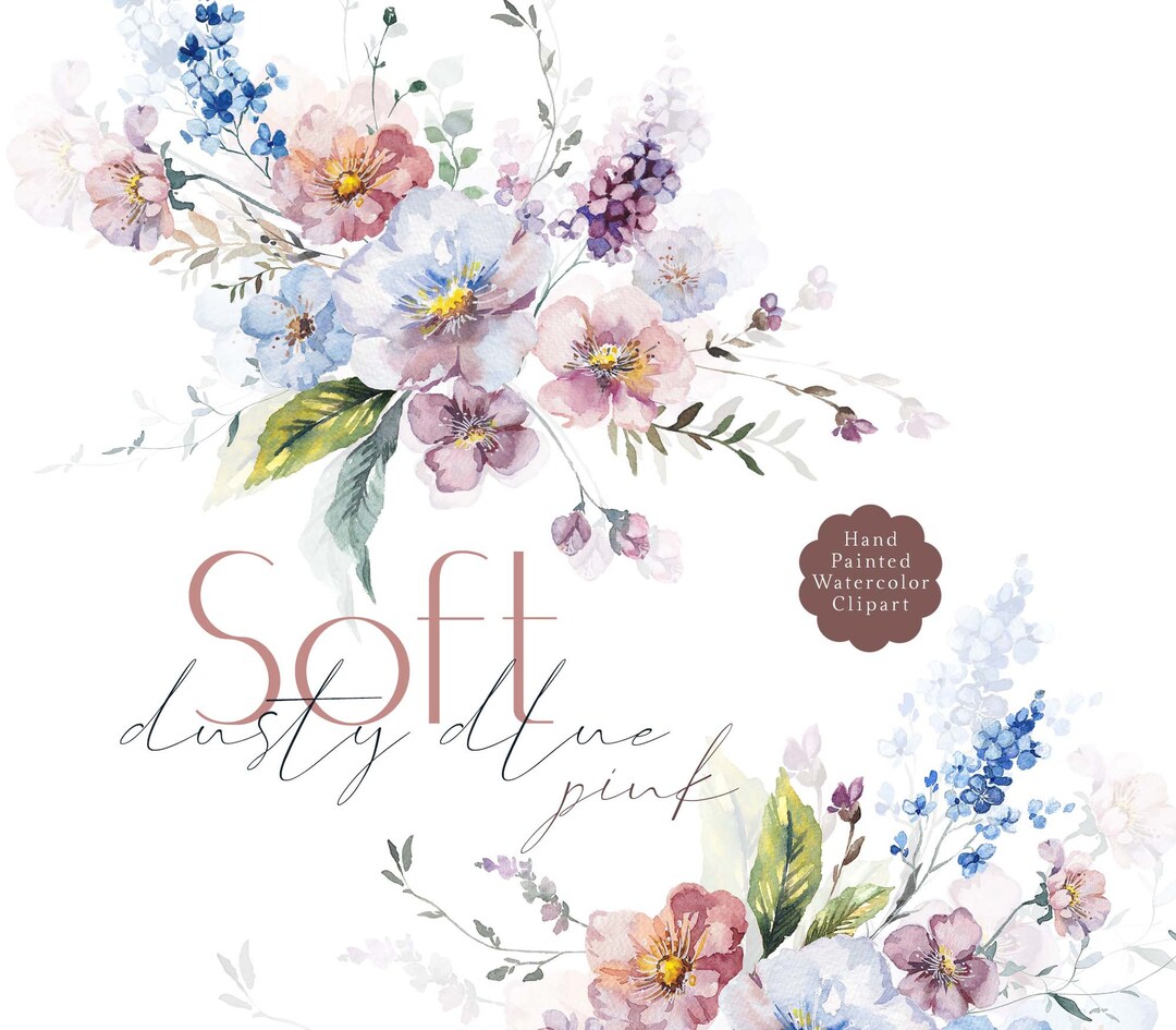 Dusty Floral Clipart - Watercolor Dusty Blue & Dusty Rose Pink Flowers ...