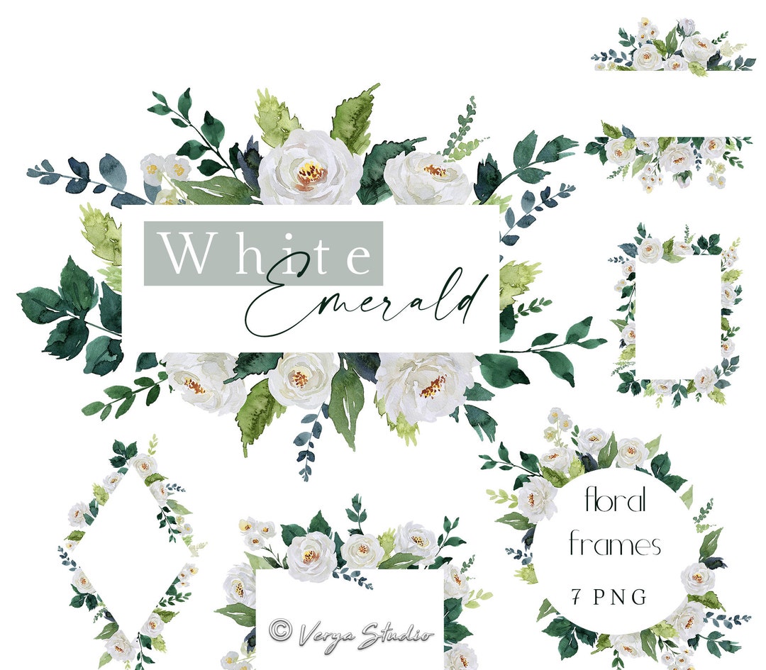 Emerald White Floral Clipart Watercolor Frames Clip Art Greenery ...