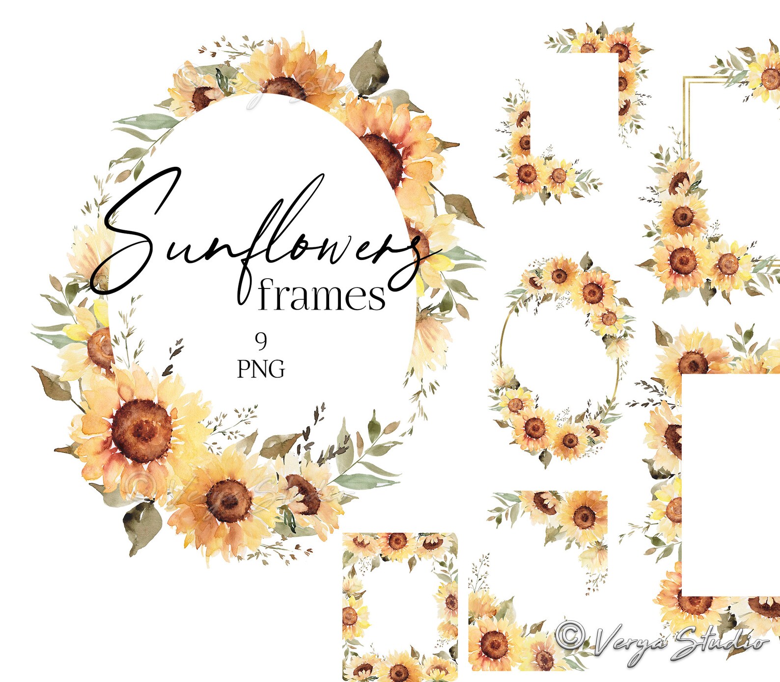Sunflowers Frame Clipart Watercolor Sunflower Floral Frames - Etsy