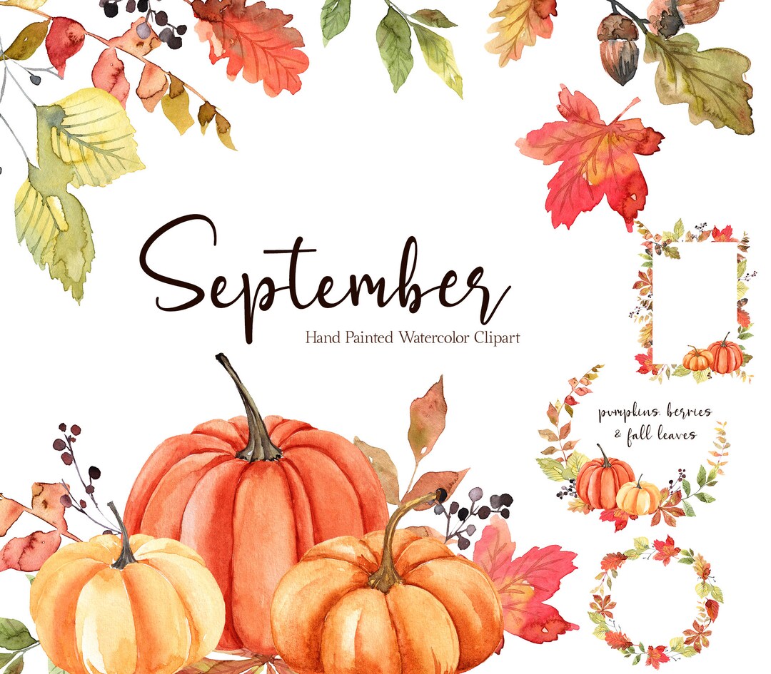 Fall Leaves Watercolor Autumn Clipart Pumpkins Wreath Frame Border ...