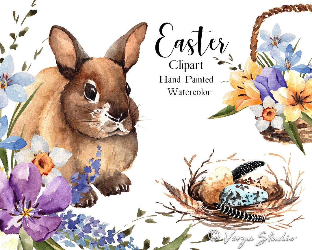 Easter Clipart Watercolor Spring Clip Art Buquets Bunny Rabbit Eggs ...
