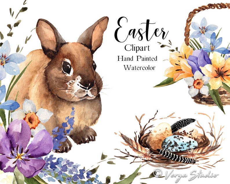 Easter Clipart Watercolor Spring Clip Art Buquets Bunny Rabbit - Etsy