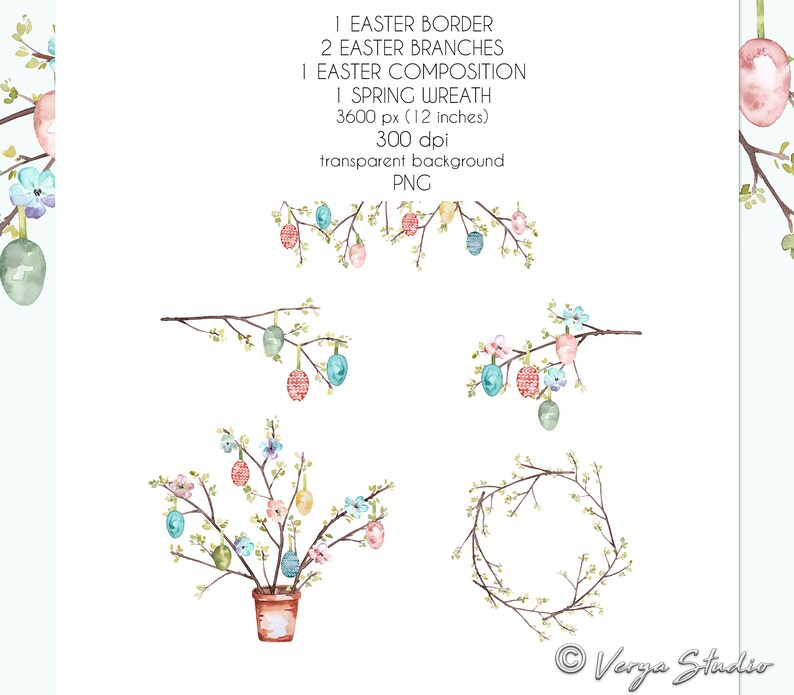 Easter Clipart Watercolor Spring Clip Art Easter Eggs Spring Floral ...