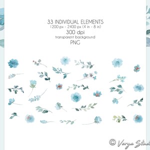 Teal Watercolor Floral Clipart Blue Green Flowers Clipart Light Bright ...