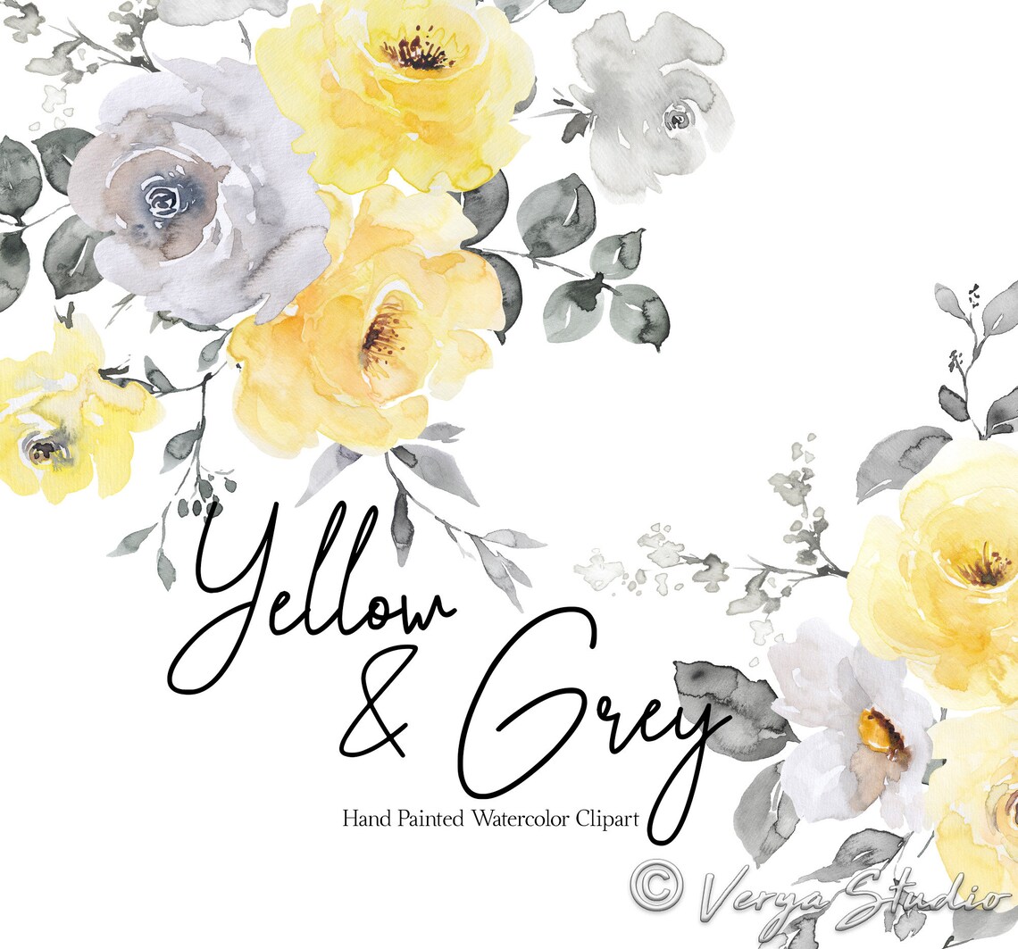 Yellow Grey Watercolor Flowers Clipart Floral Clip Art White Rose Peony ...