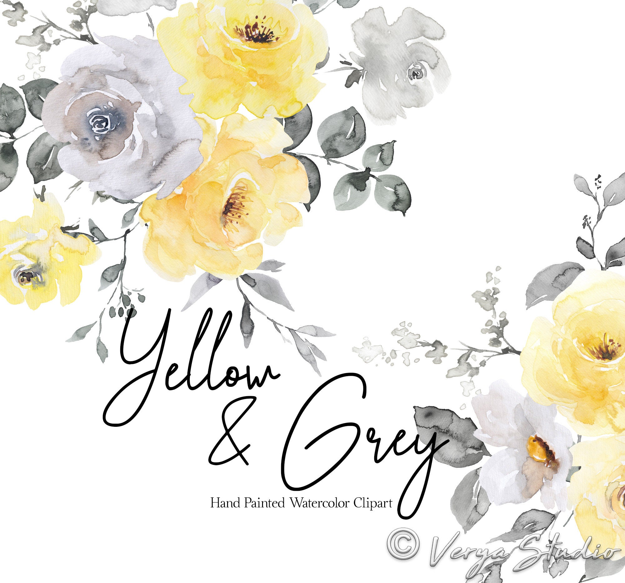 Yellow Grey Watercolor Flowers Clipart Floral Clip Art White Rose Peony ...