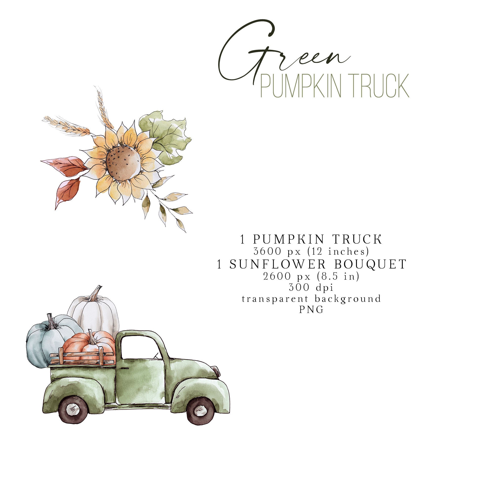 Fall Clipart Watercolor Pumpkin Truck Clip Art Green Vintage Truck ...