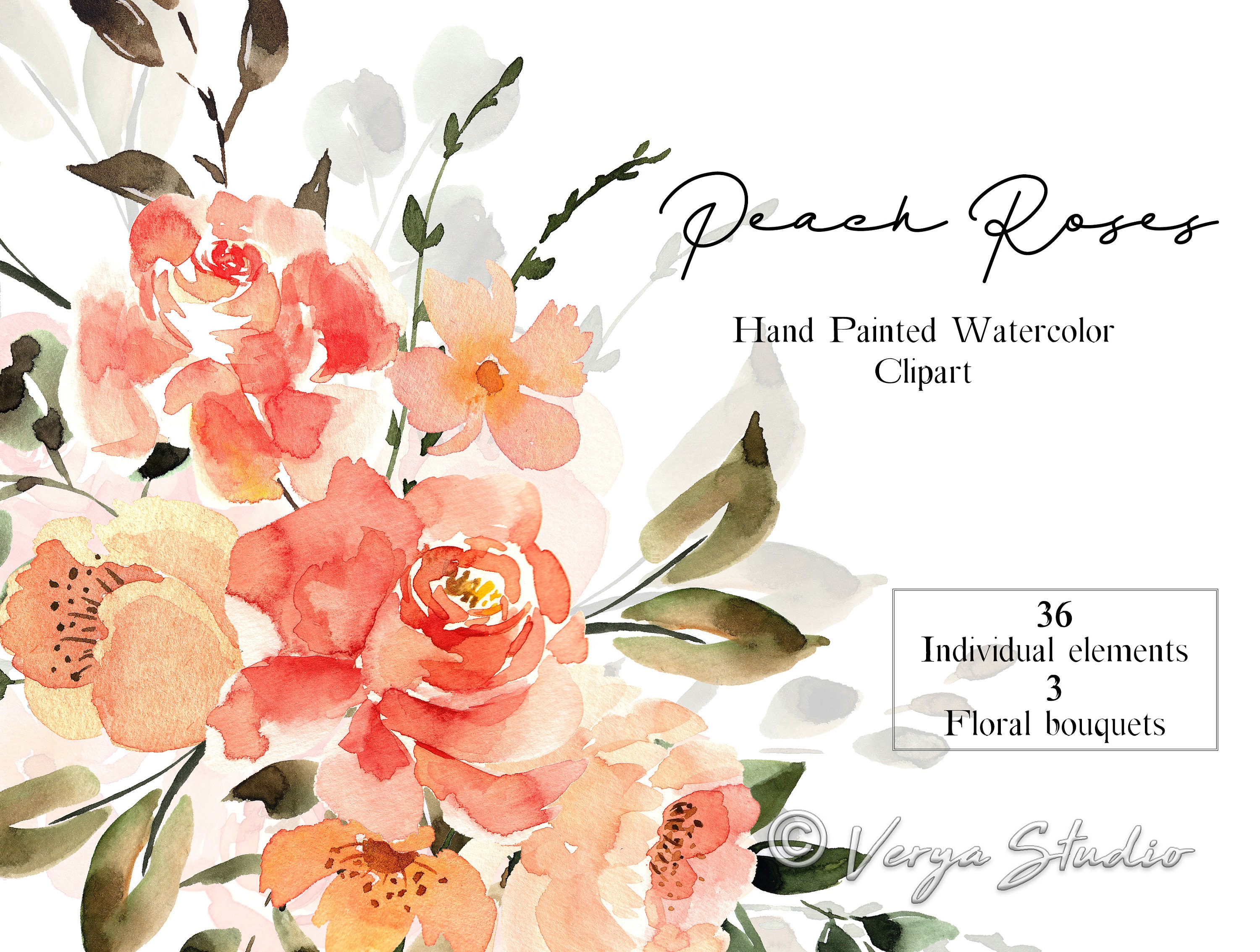 Peach Roses Watercolor Floral Clipart Loose Coral Flowers - Etsy