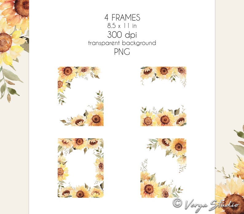 Sunflowers Frame Clipart Watercolor Sunflower Floral Frames - Etsy