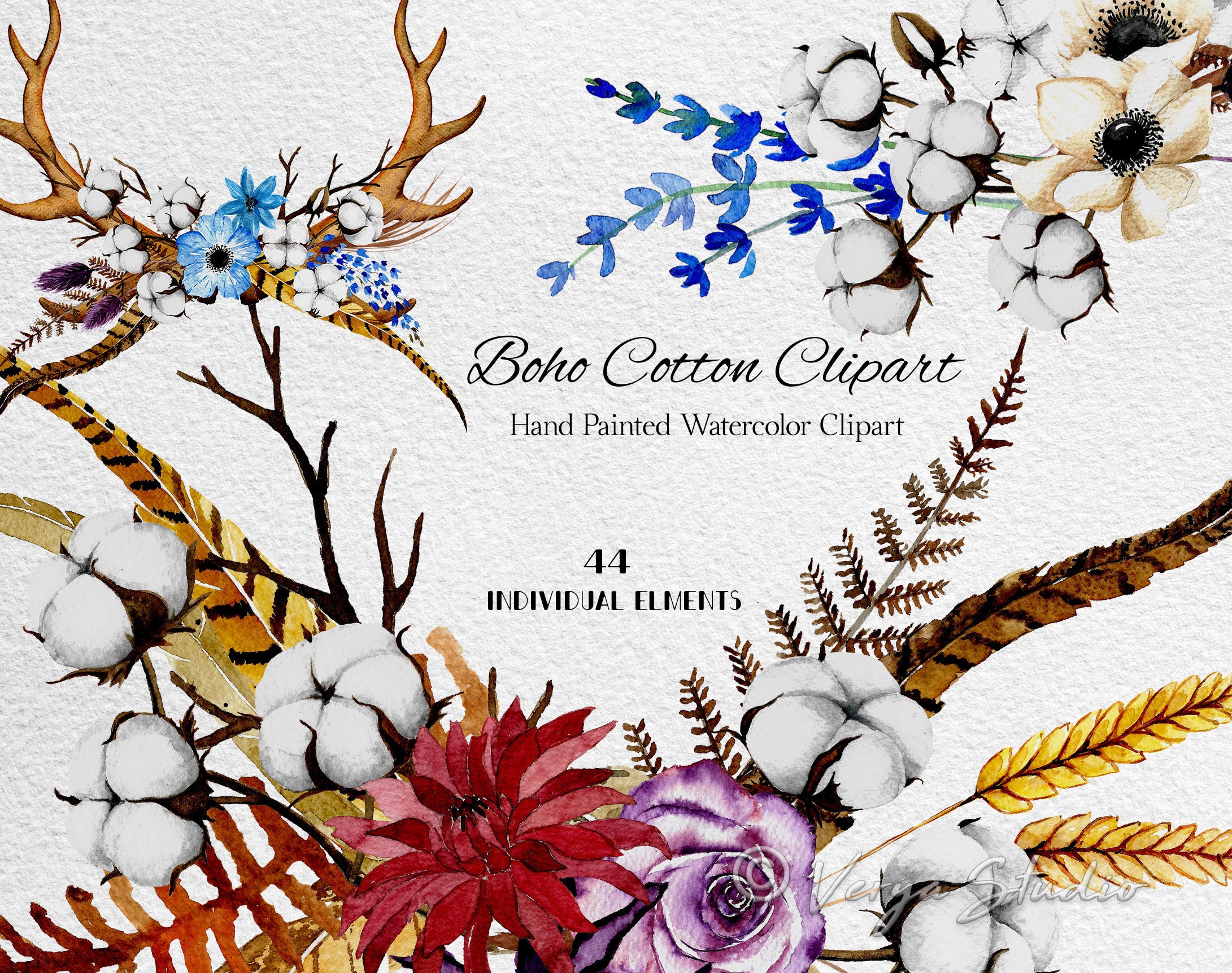 Boho Watercolor Fall Clipart Autumn Clipart Set Cotton | Etsy