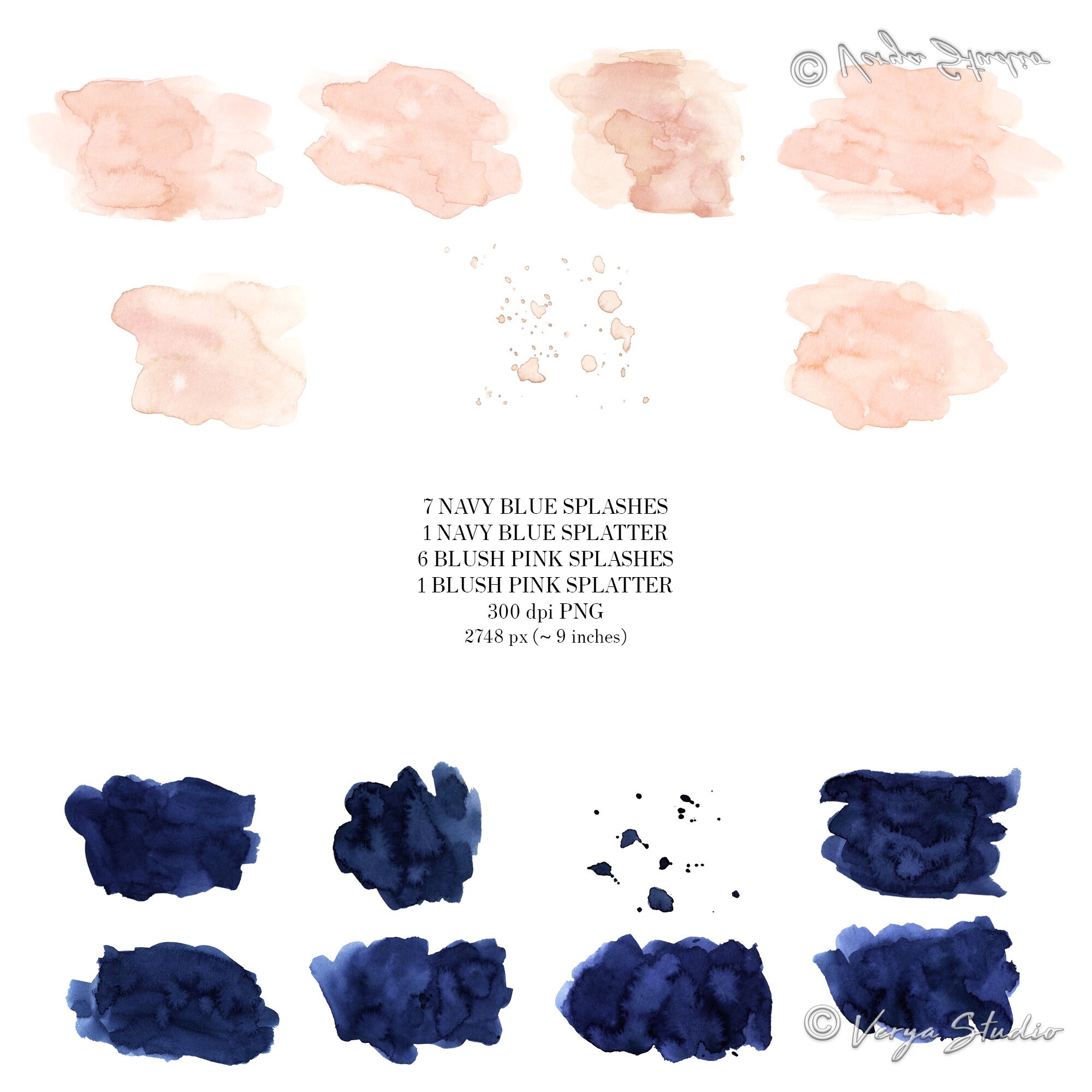 Blush Navy Watercolor Splashes Clipart Pink Blue Watercolor - Etsy