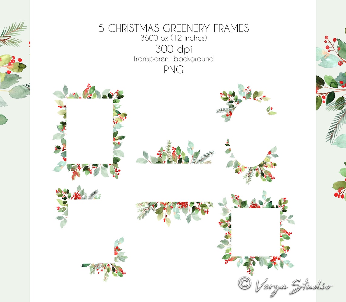 Watercolor Christmas Greenery Frames Clipart Berries Holiday - Etsy