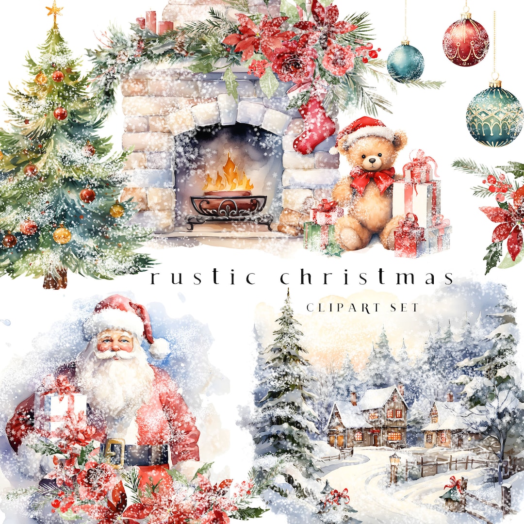 Rustic Christmas Clipart Watercolor Snowy Winter Clip Art Xmas Cards 14 ...
