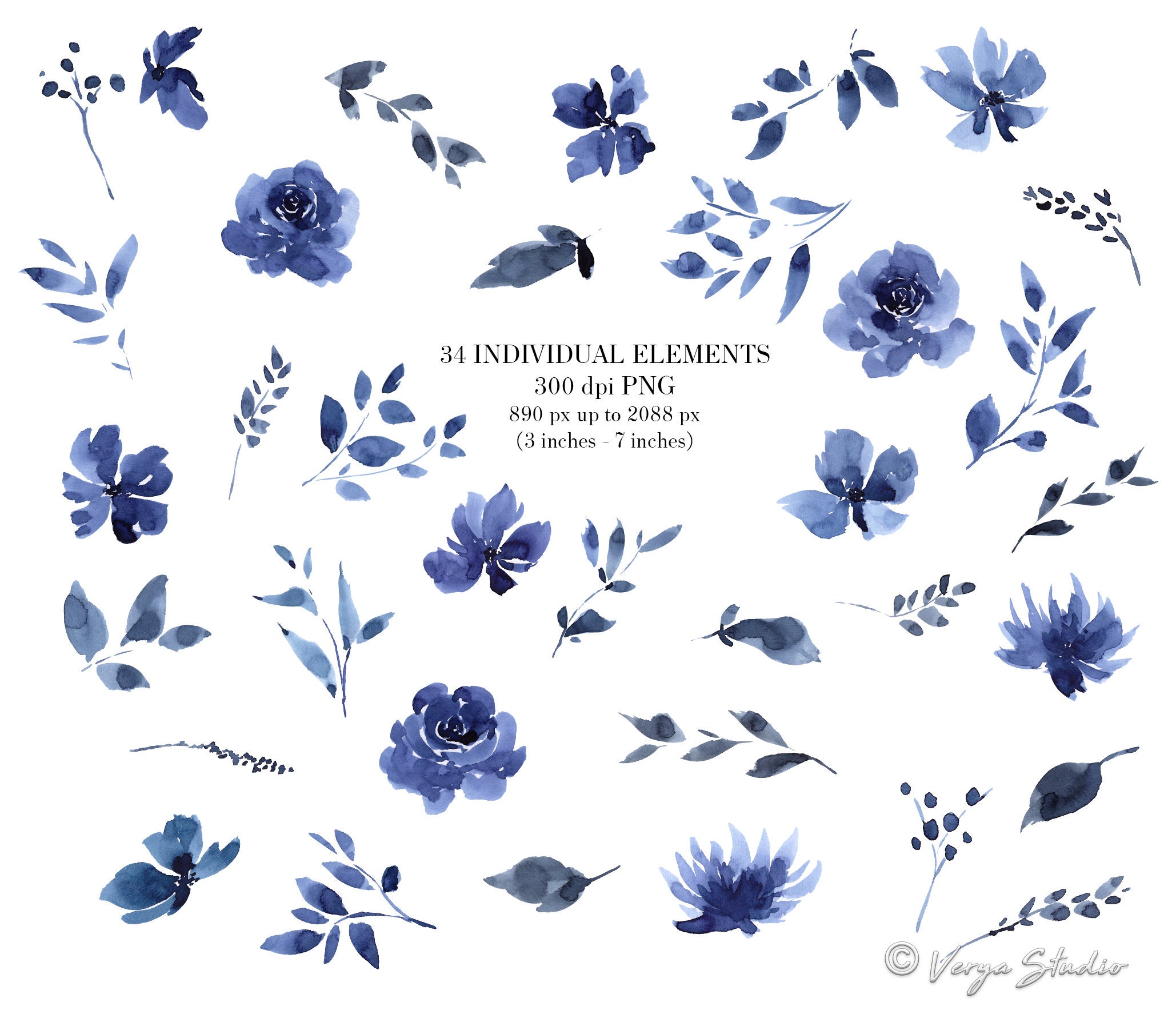 Watercolor Blue Floral Clipart Navy Indigo Roses Flowers Clip - Etsy