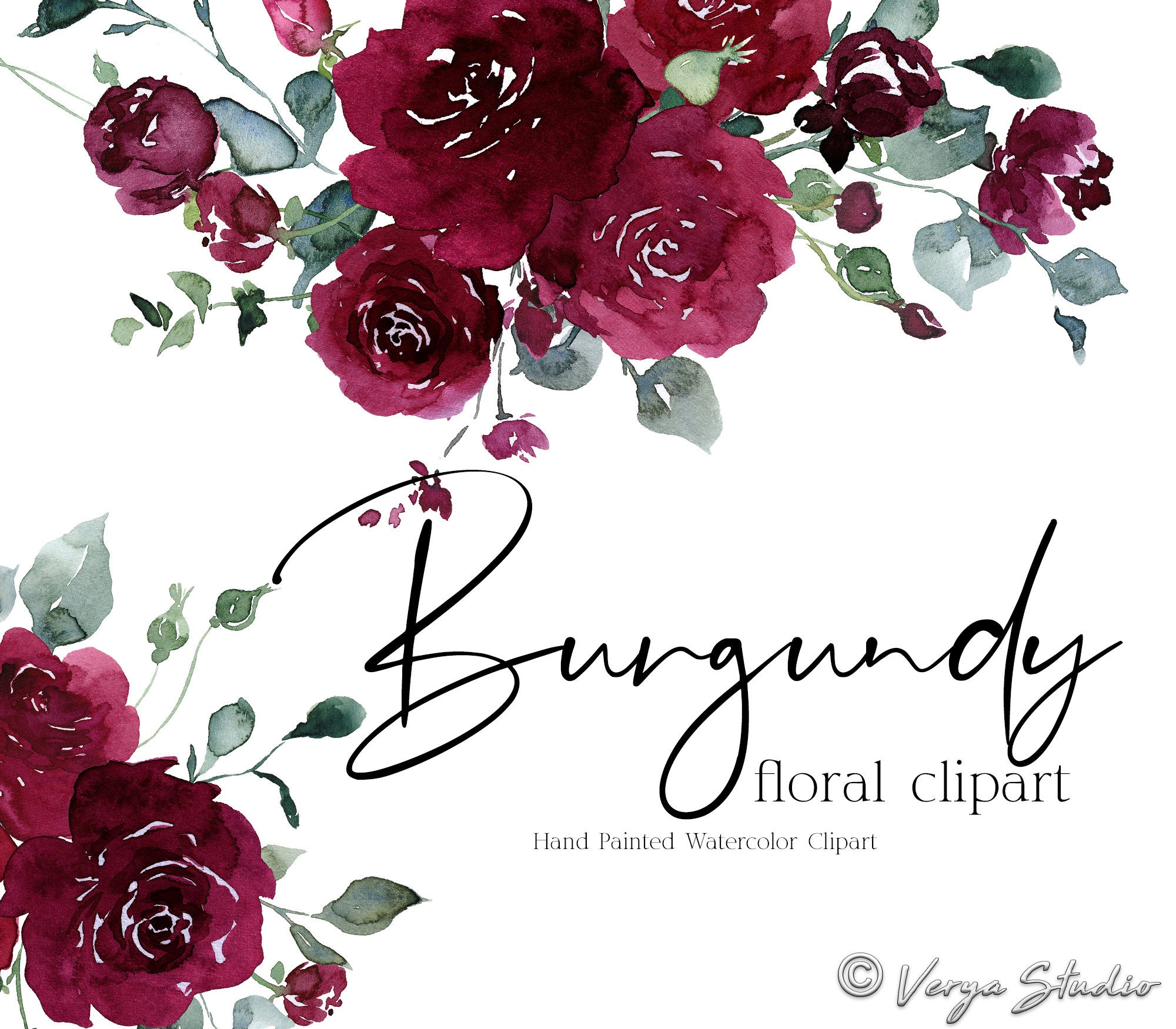 Burgundy Flowers Clipart Watercolor Marsala Floral Clip Art Dark Wine ...