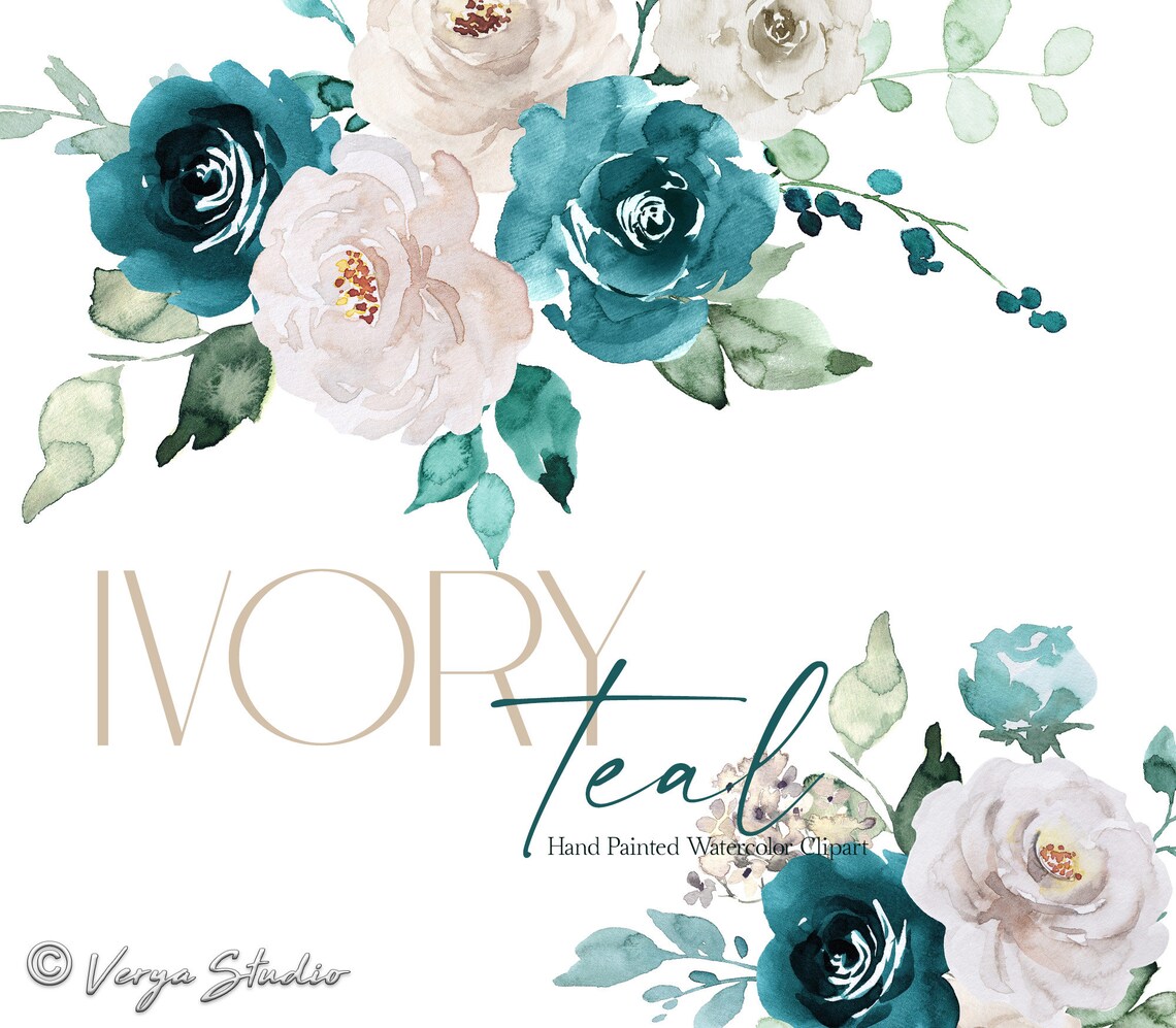 Teal Ivory Watercolor Floral Clipart Flowers Clip Art White Green Blue ...