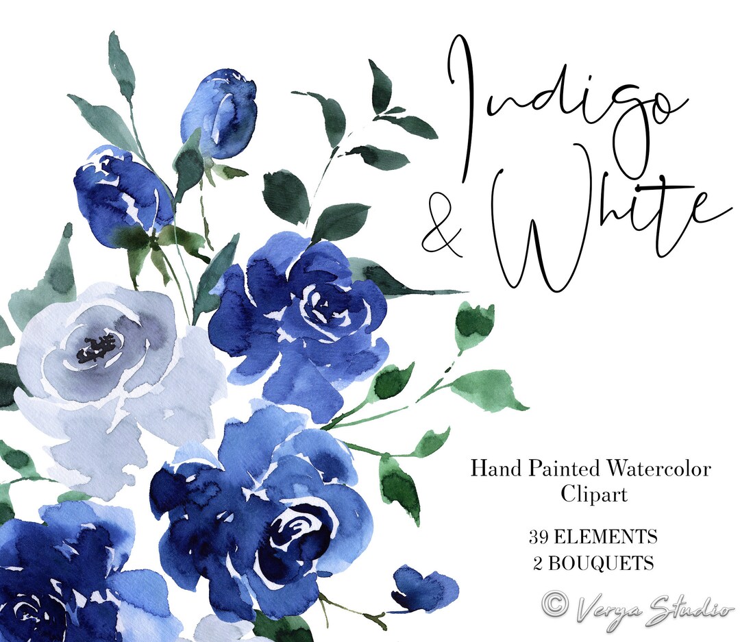 Indigo White Watercolor Flowers Clipart Navy Blue Ivory Roses Flowers ...
