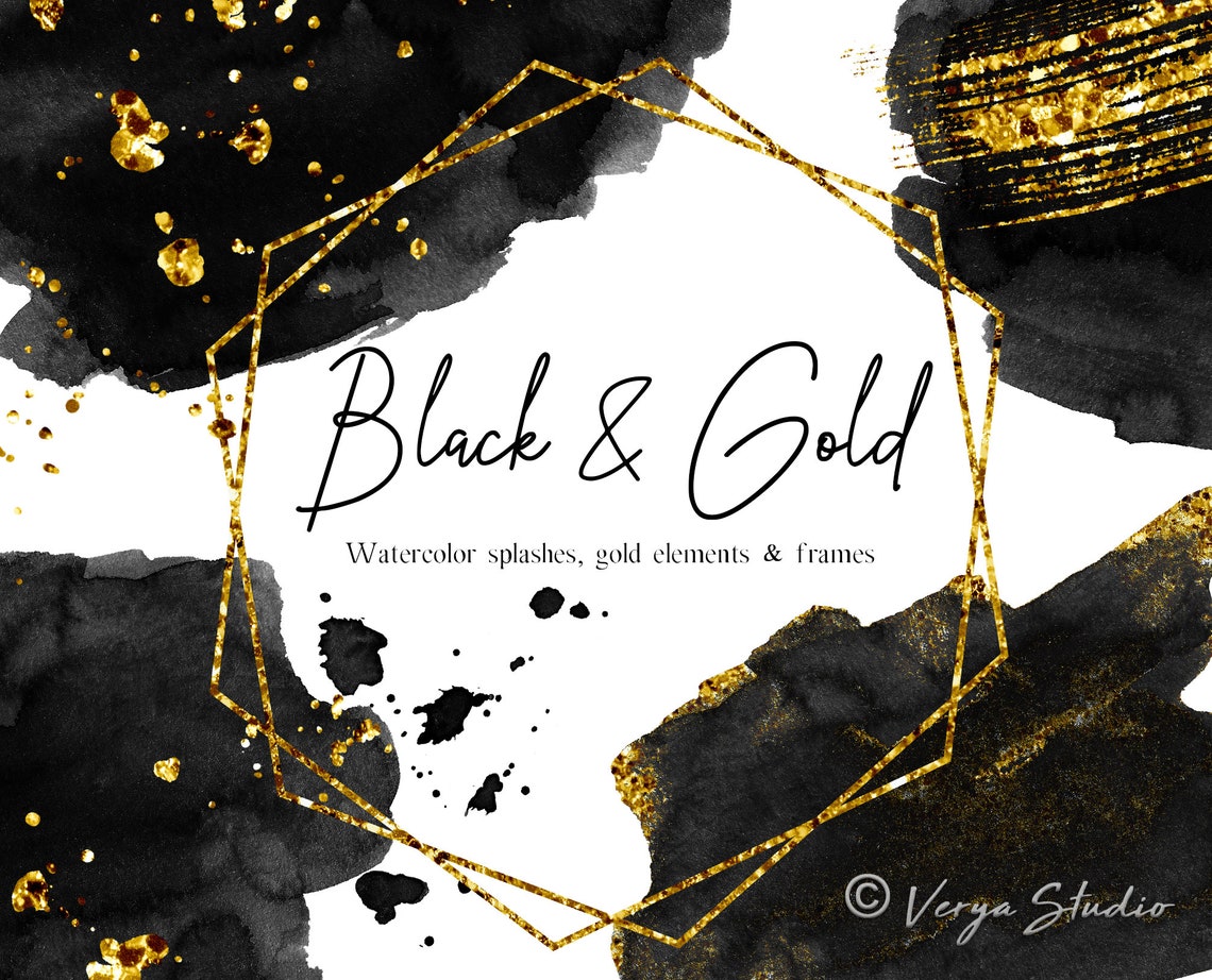 Black & Gold Watercolor Splashes Clipart Golden Frames Gold - Etsy