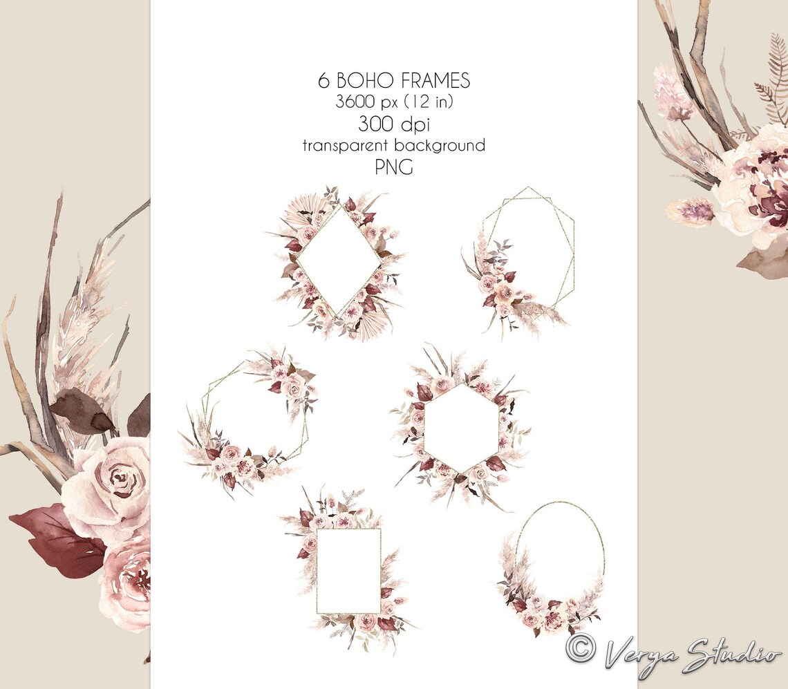 Watercolor Bohemian Floral Clipart Boho Frames Wreaths Gold - Etsy