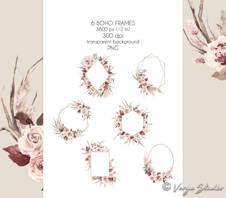 Watercolor Bohemian Floral Clipart Boho Frames Wreaths Gold - Etsy