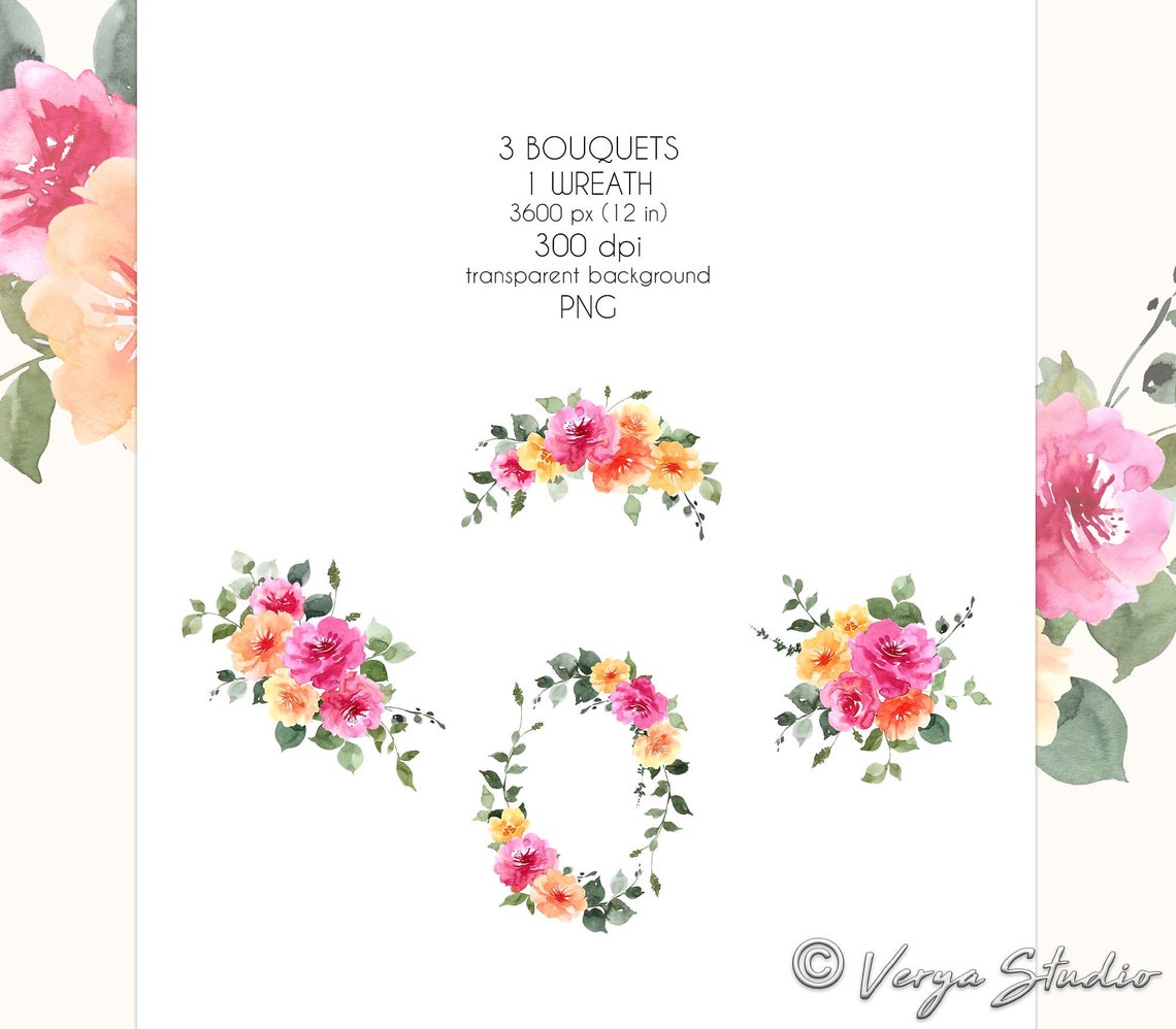 Peach Pink Yellow Flowers Clipart Watercolor Floral Clip Art - Etsy