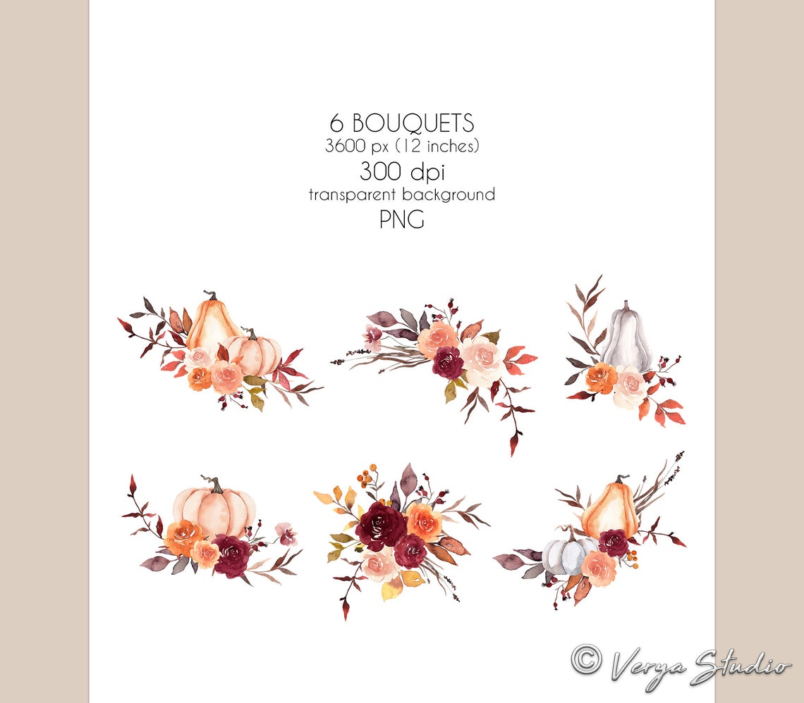 Fall Clipart Watercolor Autumn Bouquets Clip Art Pumpkin - Etsy