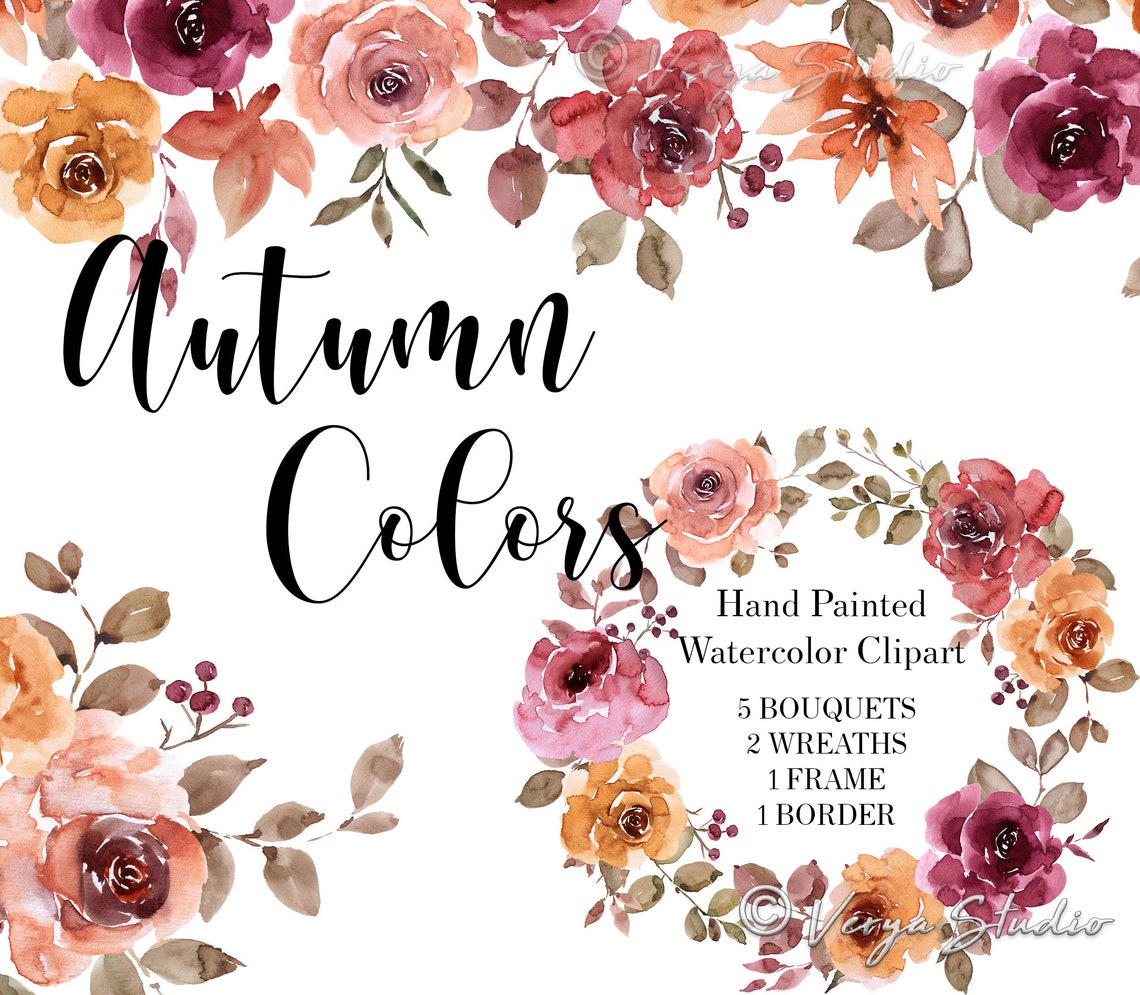 Autumn Clipart Watercolor Fall Floral Clipart Bouquets Wreath Border ...
