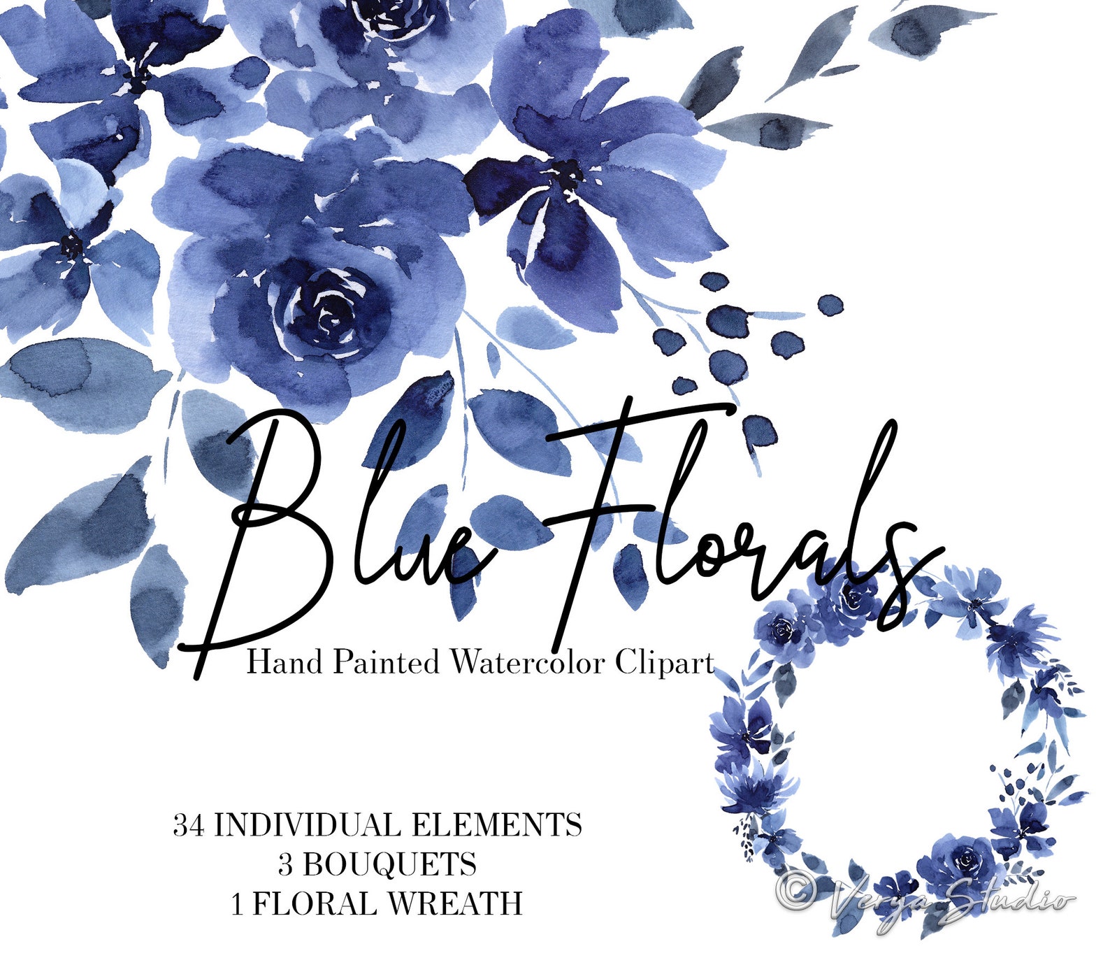 Watercolor Blue Floral Clipart Navy Indigo Roses Flowers Clip - Etsy