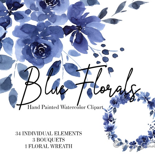 Watercolor Blue Flowers Clipart Indigo Navy Sapphire Roses - Etsy UK