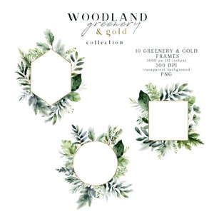 Greenery & Gold Clipart Watercolor Botanical Frames 10 PNG Woodland ...