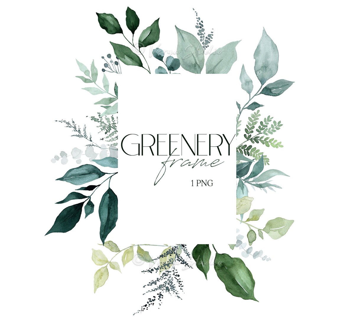 Emerald Botanical Frame Watercolor Greenery Clipart 1 PNG Green Leaves ...
