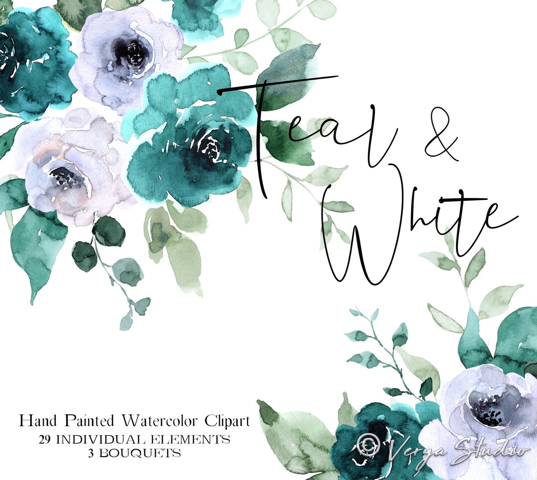 Watercolor Flowers Clipart Teal Floral Clipart Wedding Clipart White ...