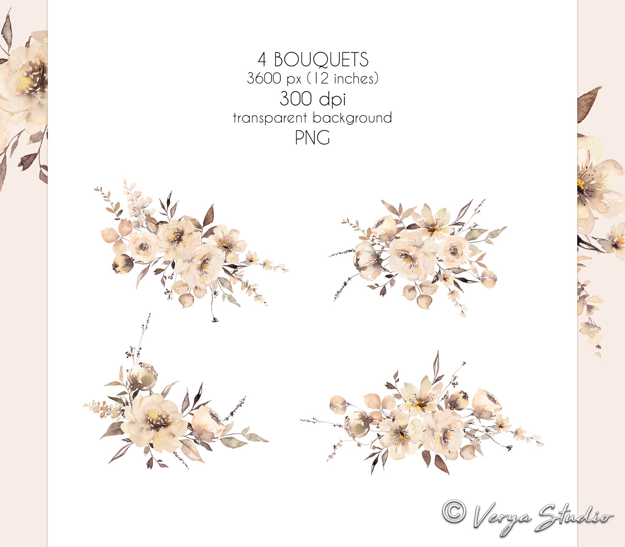 Beige Tan Flowers Clipart Watercolor Floral Clipart Cream - Etsy