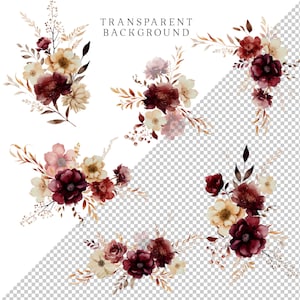 Marsala Fall Floral Clipart Watercolor Autumn Burgundy & Cream Flowers ...