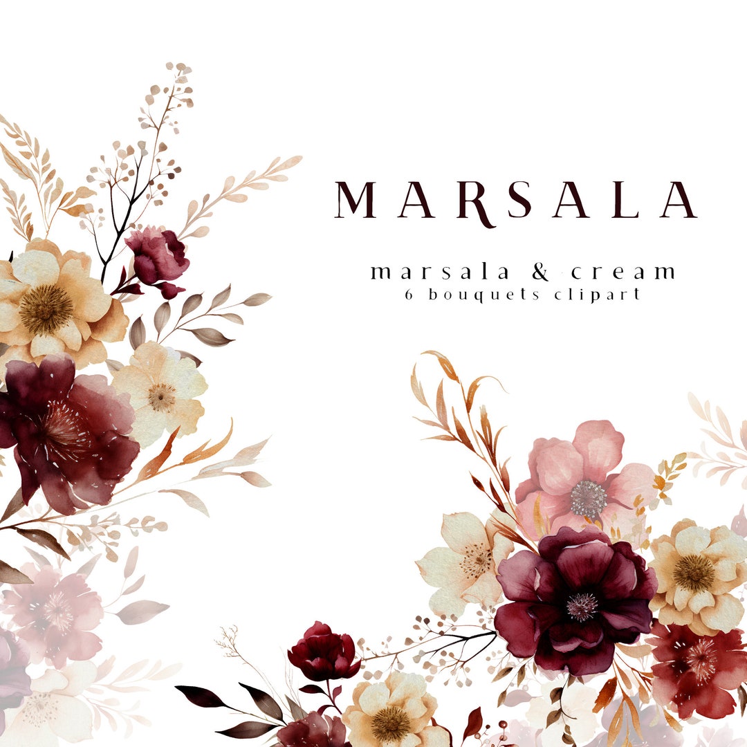 Marsala Fall Floral Clipart Watercolor Autumn Burgundy & Cream Flowers ...