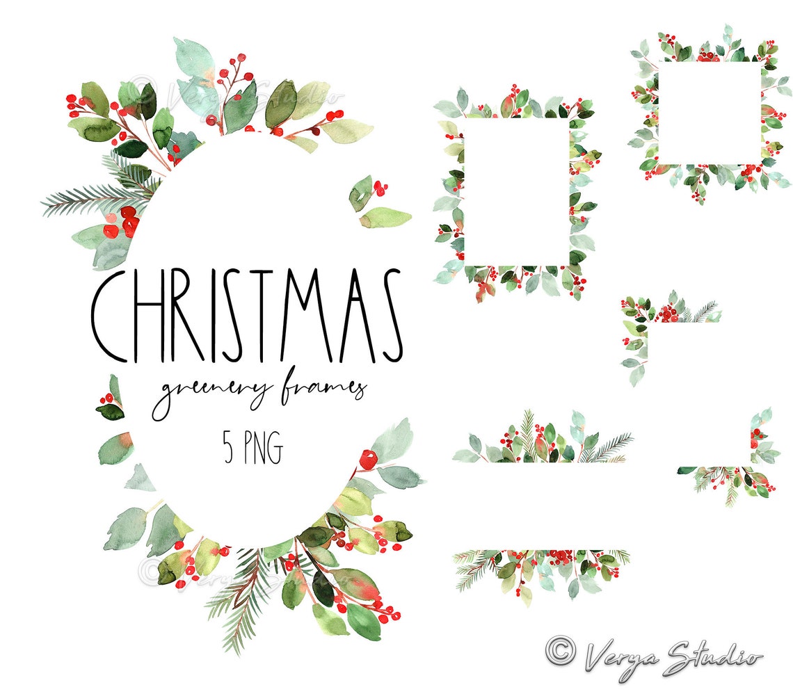 Watercolor Christmas Greenery Frames Clipart Berries Holiday - Etsy
