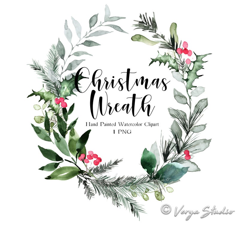 Watercolor Christmas Wreath Winter Clipart Xmas Clipart Greenery ...