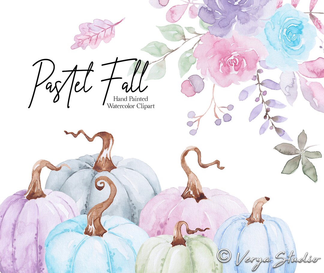 Pastel Fall Clipart Watercolor Autumn Clip Art Light Pink Blue White ...