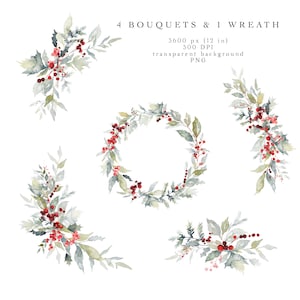 Winter Berries Clipart Watercolor Christmas Greenery Clip Art Red Berry ...