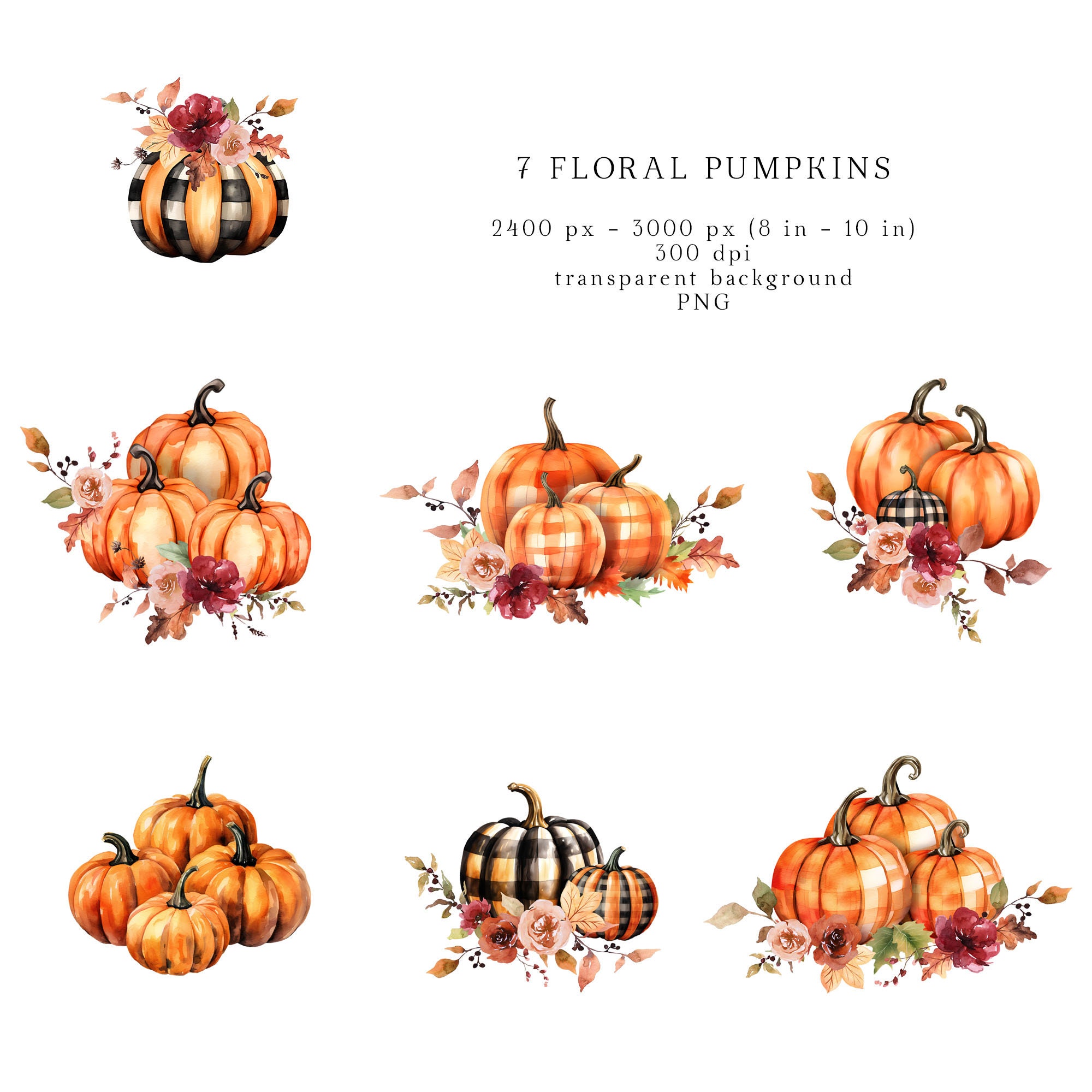 Fall Floral Pumpkins Clipart Watercolor Autumn Flowers Buffalo Plaid ...