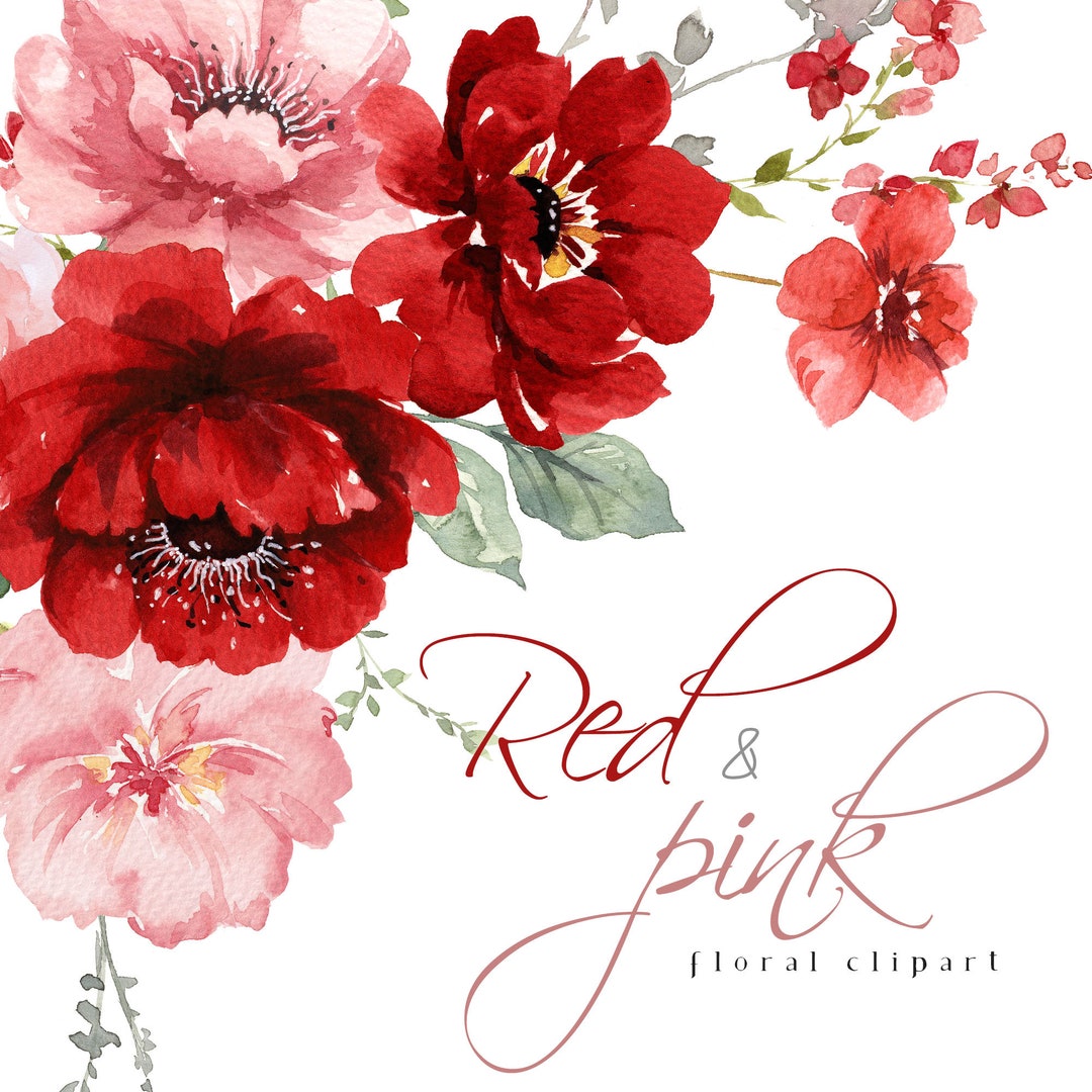 Crimson Floral Clipart Watercolor Red Blush Flowers Clip Art Wedding ...